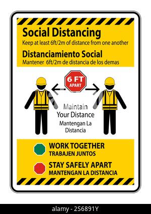 Caution Bilingual Social Distancing Construction Sign Isolate On White ...