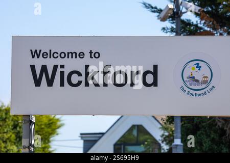 Close-up of a welcome sign at Wickford Railway Station. Wickford is a ...