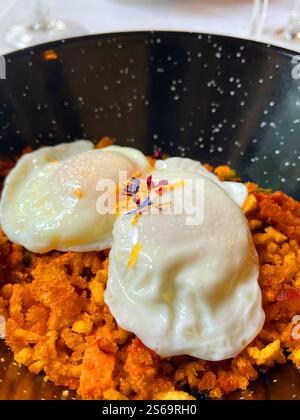 Migas, fried crumbs, typical Spanish dish based on wheat flour and ...