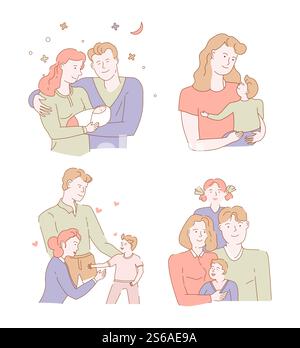 Parents hugging son. Mom and dad embracing their child and talking to ...