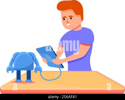 Boy programming icon cartoon vector. School classroom. Child work Stock ...