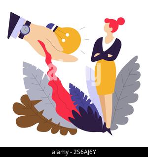 Business concept offering idea businesswoman and male hand with light ...