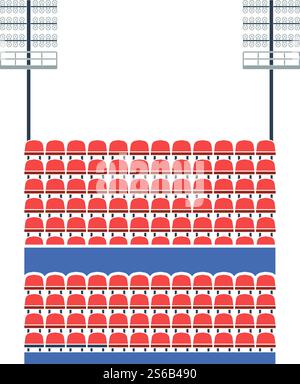 Stadium tribune with seats and light mast icon. Black background with ...