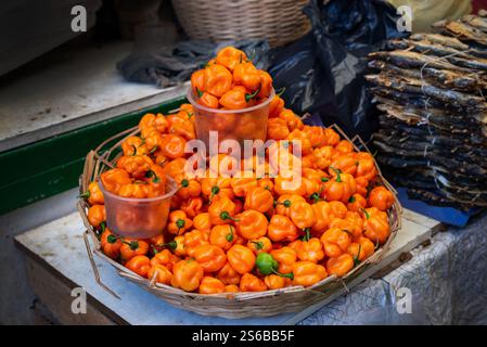 Peppers at a sales stand. Plant with a hot and spicy flavor. Fruit ...