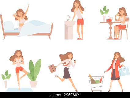 Daily routine with time and cartoon characters illustration Stock ...