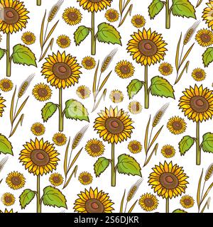Seamless pattern sunflowers and seeds vector illustration on white ...