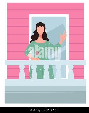 Female character with rose on balcony, romantic woman Stock Vector ...