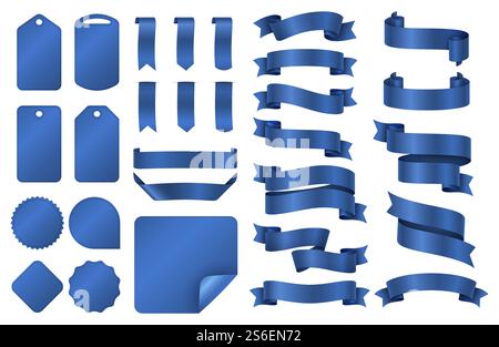Blue ribbons. Wrapping silk ribbon banners and price tag badges vector ...