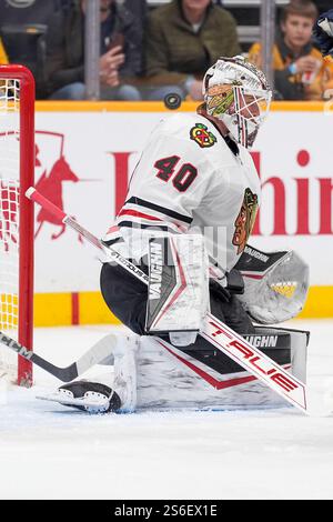 Chicago Blackhawks goaltender Arvid Soderblom defends the goal during ...