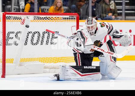 Chicago Blackhawks goaltender Arvid Soderblom defends against the Tampa ...