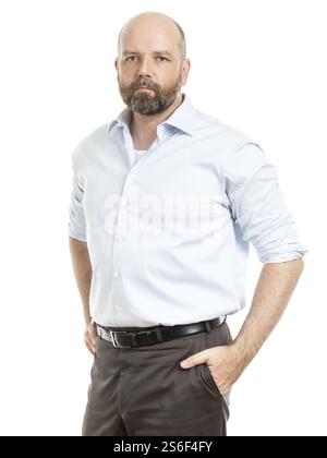 Image of stylish handsome man in black suit, cringe from something ...