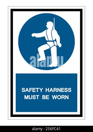Mandatory sign of wearing safety harness and helmet in blue circle ...