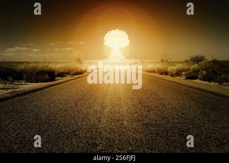 An image of a road to a nuclear bomb explosion with text war Stock ...