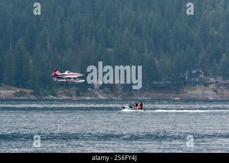 Aerial fire fighting plane ascending after scooping water from Wallowa ...