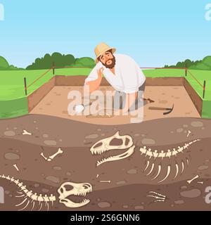 Archaeologist. Cartoon archeologist working with dig instrument on ...