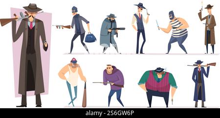 Gangster and mafia cartoon characters vector illustrations set. Killers ...