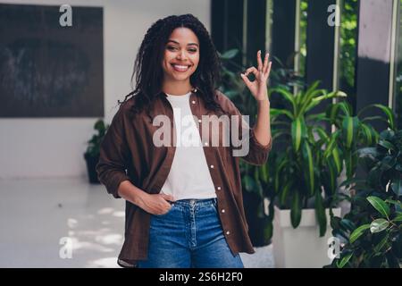 Photo of young corporate woman okey symbol whiteboard modern office ...