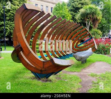 Nigel Helyer's 2018 sculpture of an Aboriginal bark canoe made in steel ...