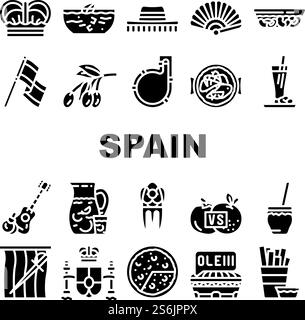 Spain Nation Heritage Collection Icons Set Vector. Gazpacho, Omelet And ...