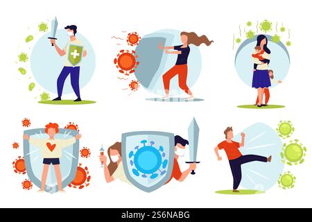 People fighting against viruses and bacteria flat scenes set isolated ...