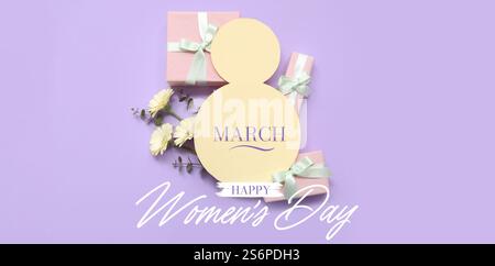 Figure 8 with lilac flowers, gift boxes and wrapping paper on beige ...
