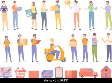 Ordering process icons set cartoon vector. Delivery box. Truck export ...