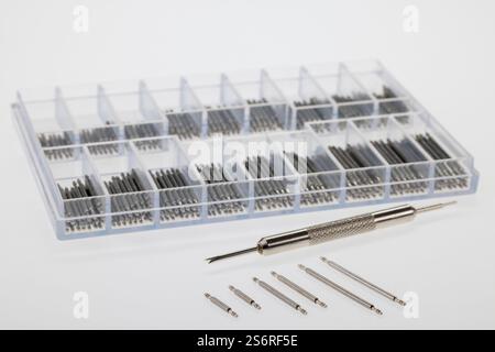 Spring bar tool and spring bars in different sizes in a plastic box ...