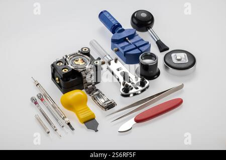 Watch case open, watch case holder, watchmaker's tool, white background ...