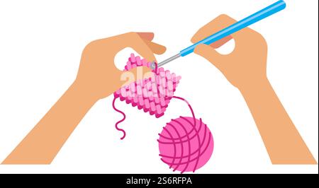 People crochet. Hands holding hook, hand made workshop or online tutorial. Needlework, cozy ...