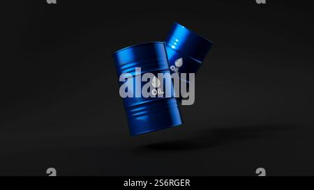 Two floating blue metal oil barrels on blue background. Front view with ...