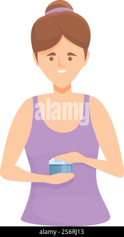 Woman take cream jar icon cartoon vector. Face beauty cosmetic ...