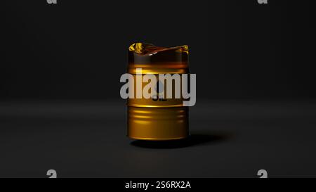 Split view of gold metal oil barrel with crude oil inside on blue ...