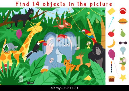 Hidden object puzzle. Kid learning game, find objects in jungle forest ...