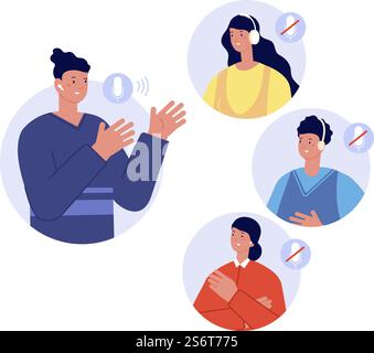 Clubhouse chat room. Social media app for conversation, speaker and audience in white headphones ...