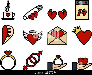 Valentine Icon Set. Editable Bold Outline With Color Fill Design ...