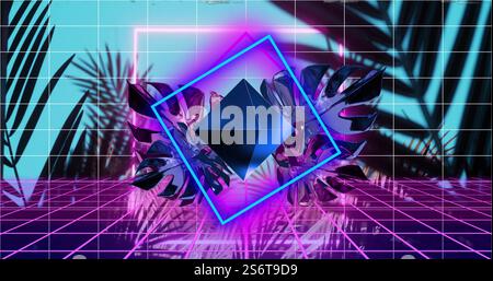 Image of neon frame and 3d diamond moving over tropical leaves ...