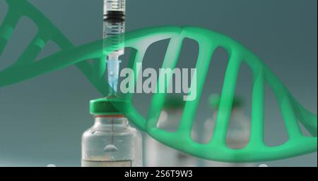 Image of dna strand over vials and syringe on white background Stock ...