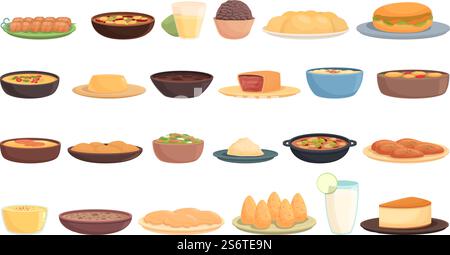 Brazilian culinary icons set cartoon vector. Arancini bread. Rice plate ...