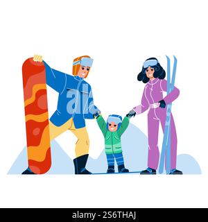 Snow Resort Enjoying And Skiing Family Black Line Pencil Drawing Vector ...
