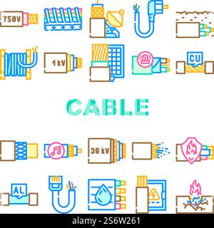 Cable Wire Electrical System Icons Set Vector. Optic And Internet Cable ...