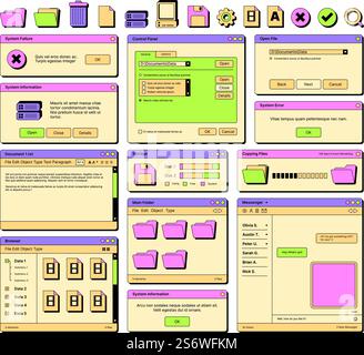 Retro web pages. 80s old style ui template web design elements buttons ...