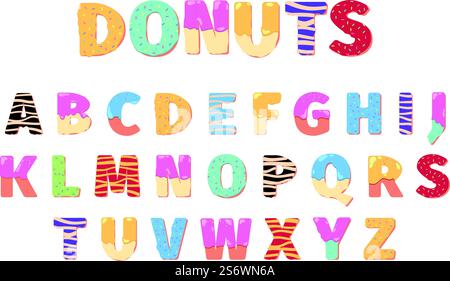 Cartoon sweet donuts font, colorful glazed donut letters and numbers ...