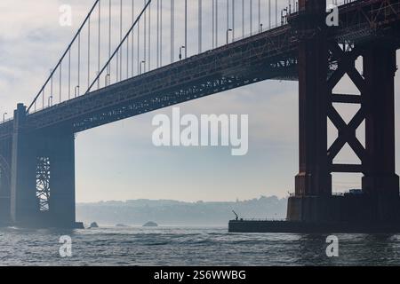 Close up architectural view of the bride span and north tower of Golden ...