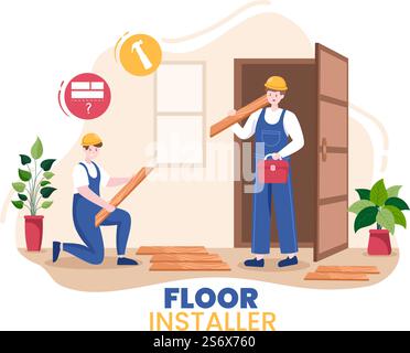 Floor Installation Cartoon Illustration with Repairman, Laying ...