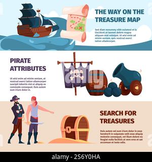 Set of horizontal cartoon banners with pirate attributes including ship ...