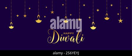 happy diwali web banner with golden flat diya design Stock Vector Image ...