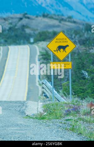 Warning signs for crossing puma's, Patagonia, Chile Stock Photo - Alamy