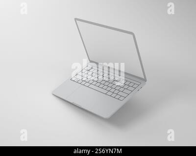 The raised top is an open thin gray laptop with a blank screen on a ...
