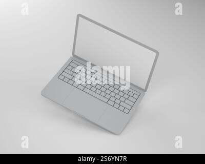 The raised top is an open thin gray laptop with a blank screen on a ...