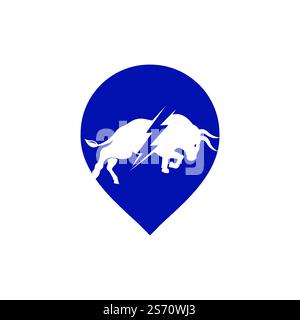 Bull with thunder and pointer pin logo design. Flash electric energy in ...